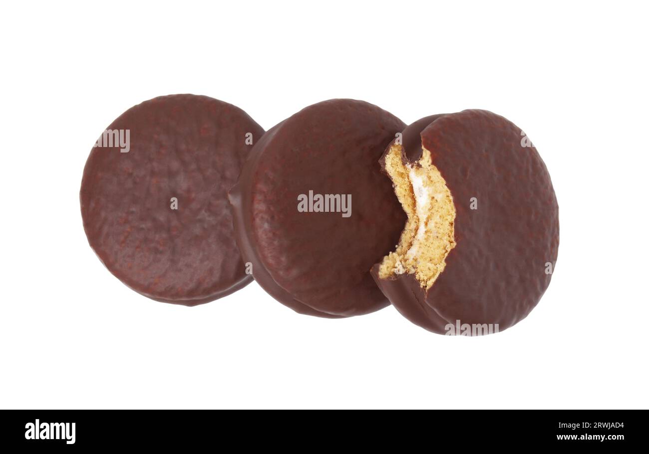 Tasty choco pies isolated on white, top view Stock Photo - Alamy
