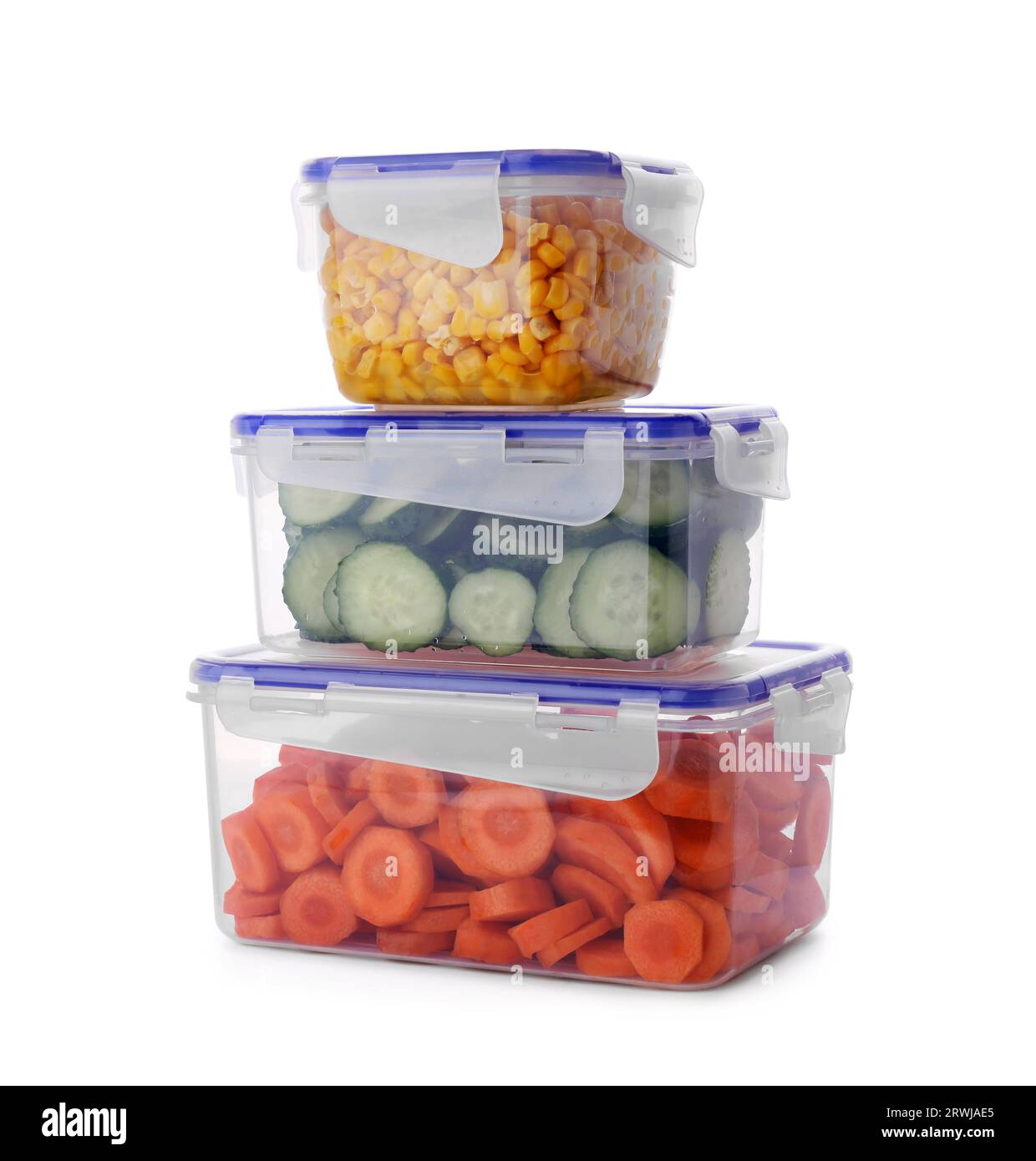 Plastic containers with different fresh products isolated on white ...