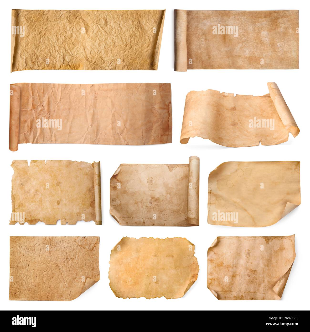 Set with parchments isolated on white. Aged sheets of paper Stock Photo ...