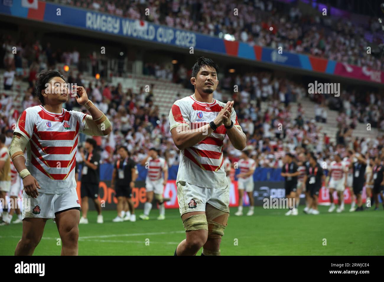 Japan's Keita Inagaki (L) and Kazuki Himeno during the 2023 Rugby World Cup Pool D match between ...