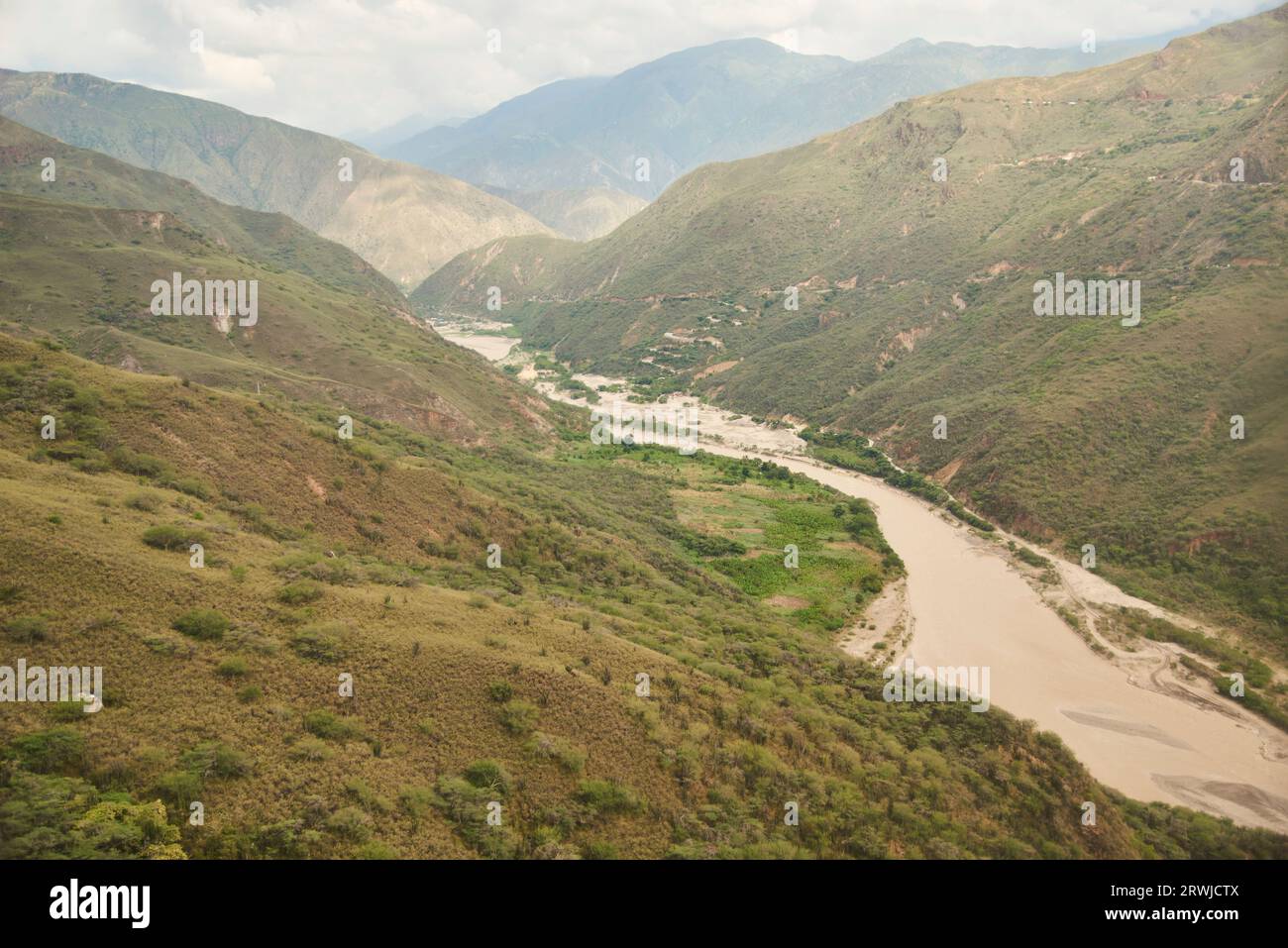 Andean scenery, river flowing through the mountains in the Chicamocha ...