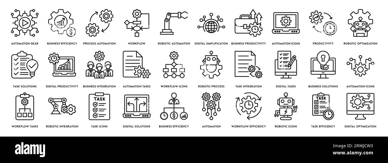 Business Automation icon set. Machine learning line icons. Robotics ... Business Automation icon set. Machine learning line icons. Robotics ...