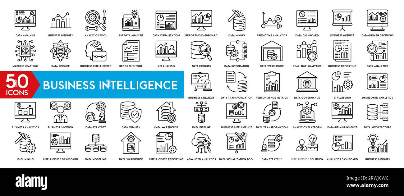 Business Intelligence Icon Vector Line Set Contains Linear Outline