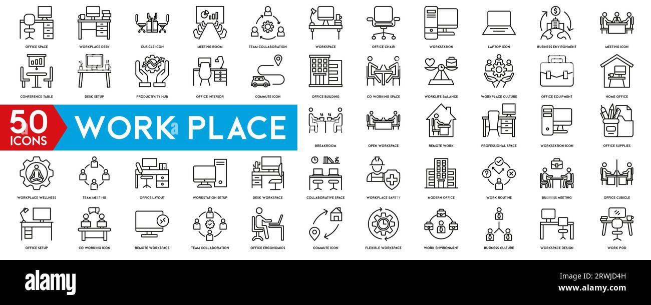 Work place icon set. Containing briefcase, desk, computer, meeting ...