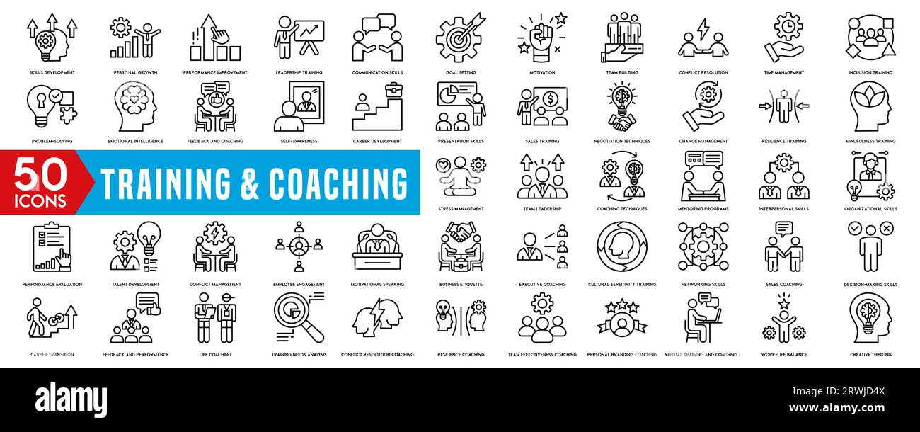 Training and Coaching icon set. Containing team building, collaboration ...