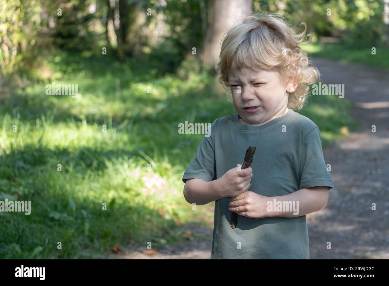 A little boy makes a grimace while playing with a small stick on a ...