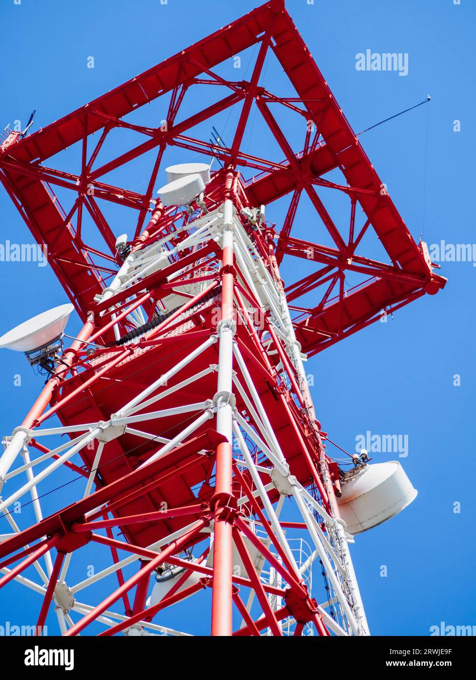 Metal communication mast with satellite dishes. Bottom view of ...