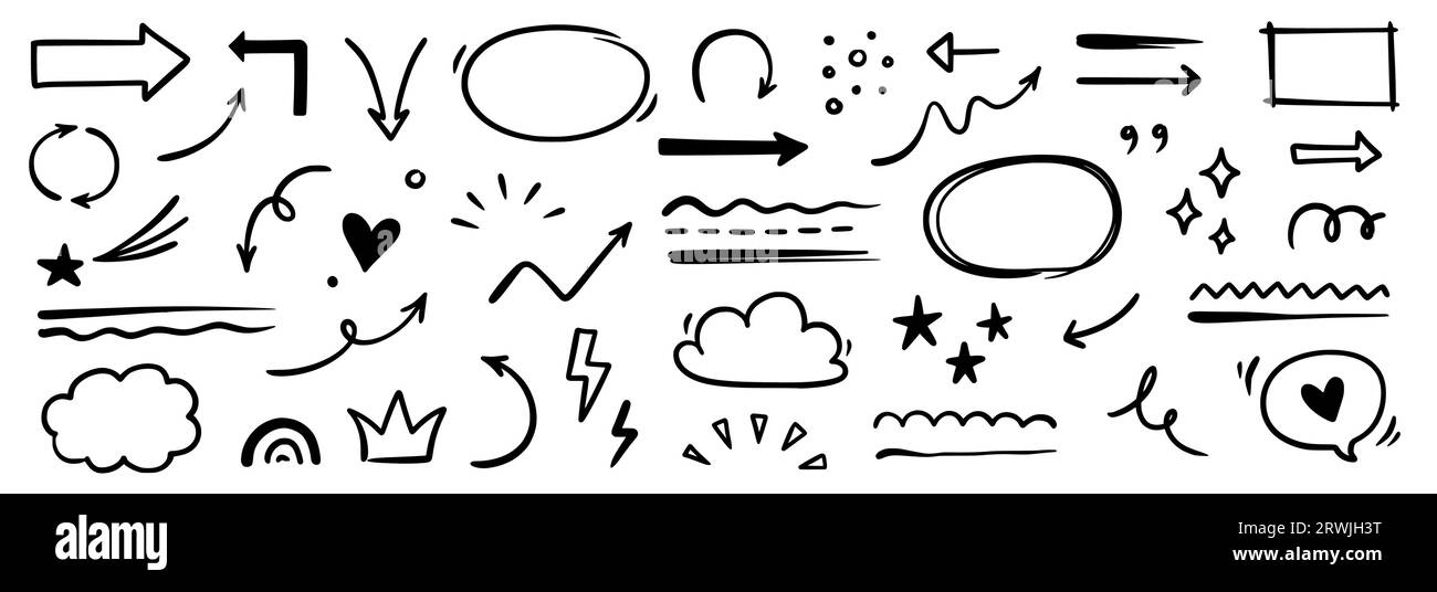 Line arrow, underline, round frame hand drawn vector element set. Hand ...