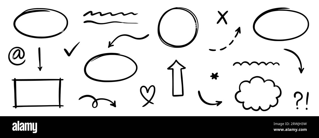 Hand drawn line arrow, sketch underline, round frame element set ...