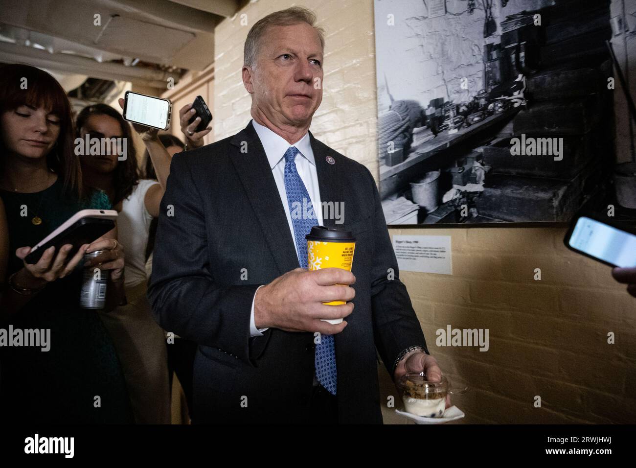 Rep. Kevin Hern (R-Okla.) speaks with reporters as he departs a House ...