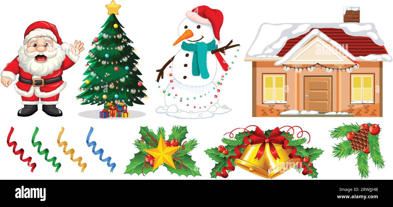 Vector cartoon illustration featuring Christmas objects and an elf ...