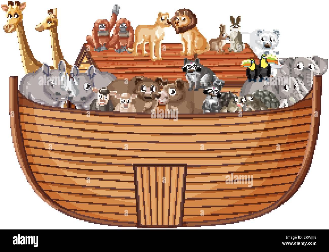 A whimsical cartoon illustration depicting the story of animals on Noah ... A whimsical cartoon illustration depicting the story of animals on Noah ...