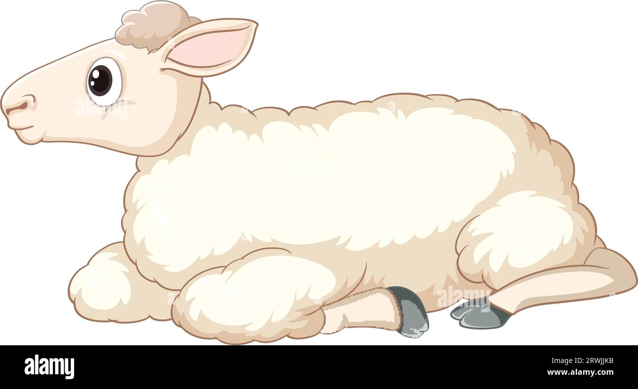 A cute and lively white sheep in a cartoon illustration style, sitting ...