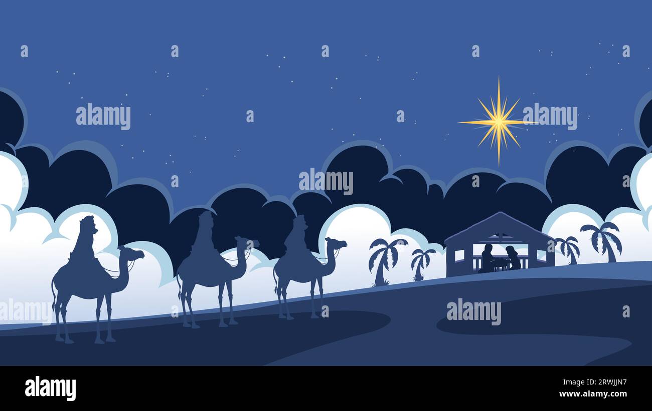 Vector cartoon illustration of people riding camels in the biblical ...