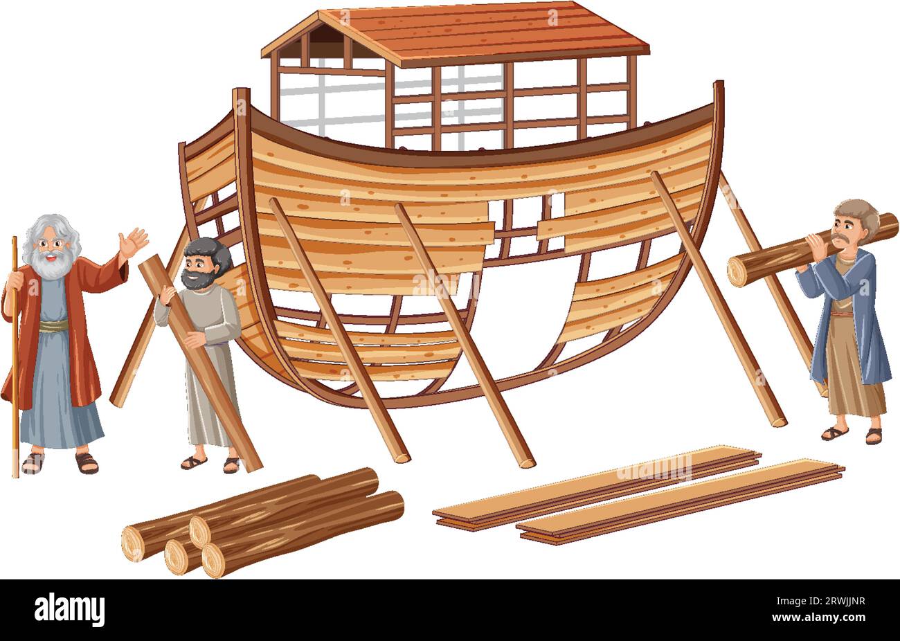 Illustration of people constructing a wooden boat in a vector cartoon ...