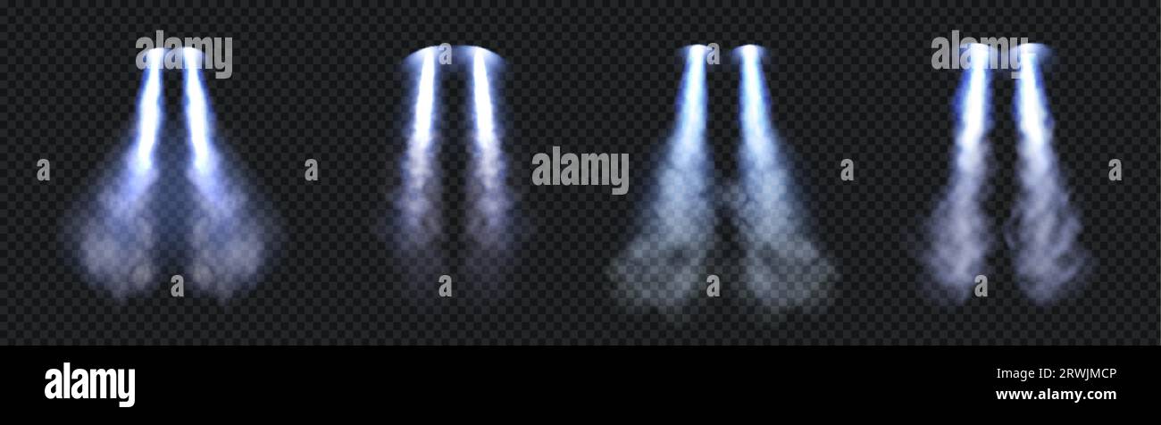 Jetpack smoke cloud trail with blue fire vector effect. Rocket speed contrail in sky air 3d ...