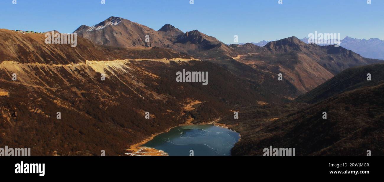 birds eye view of alpine blue lake surrounded by himalaya mountains in ...