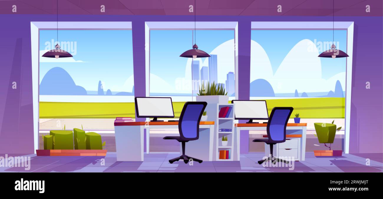 Company office interior with furniture and cityscape skyscrapers view ...