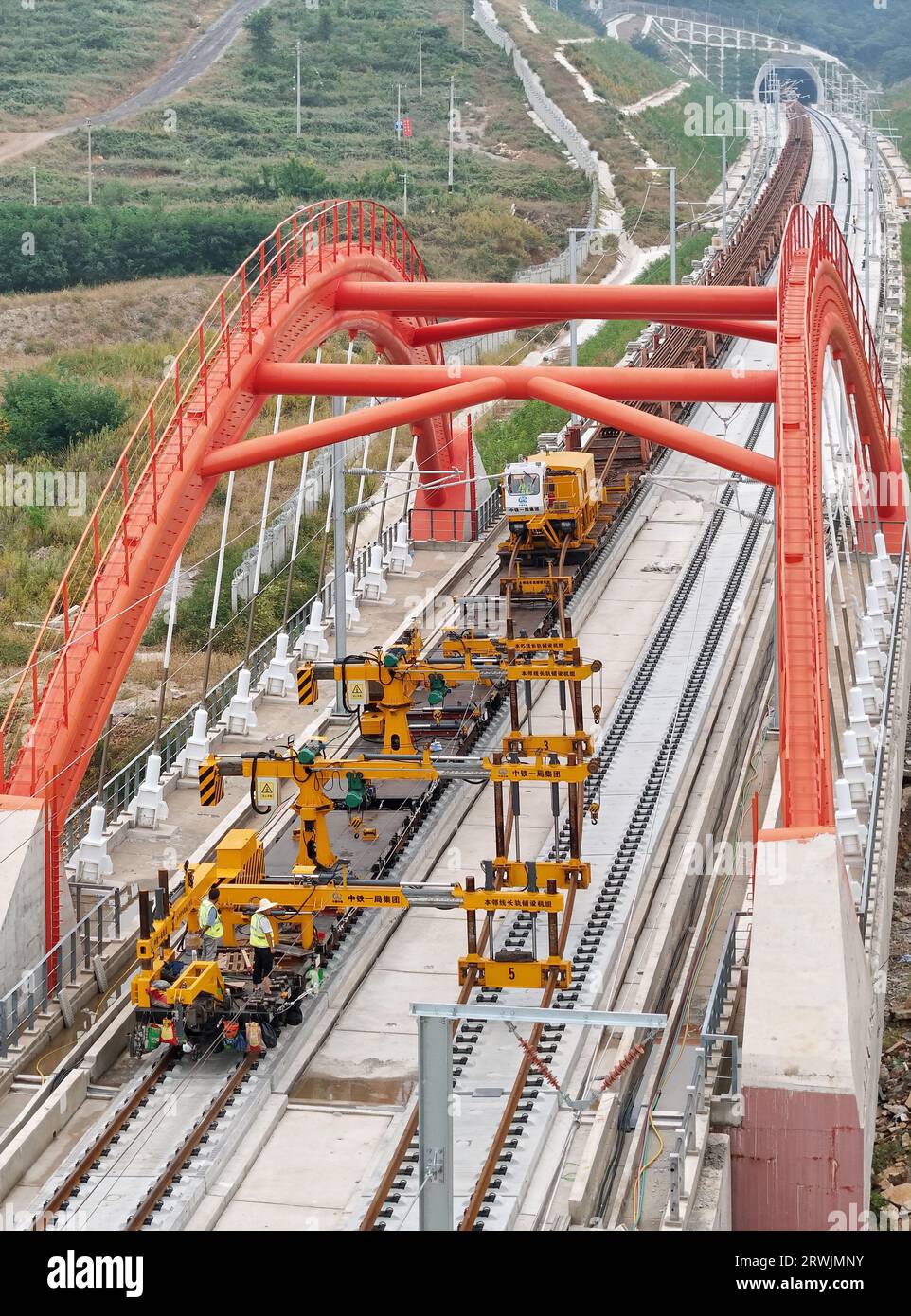 YANTAI, CHINA - SEPTEMBER 19, 2023 - A track-laying train performs ...