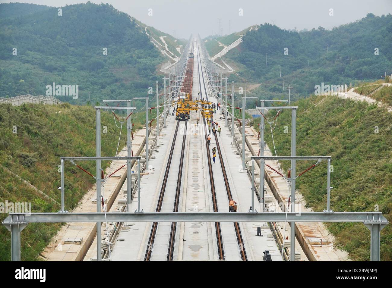 YANTAI, CHINA - SEPTEMBER 19, 2023 - A track-laying train performs ...