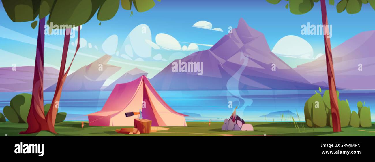 Lake and mountain near forest vector landscape illustration. Camp tent ...