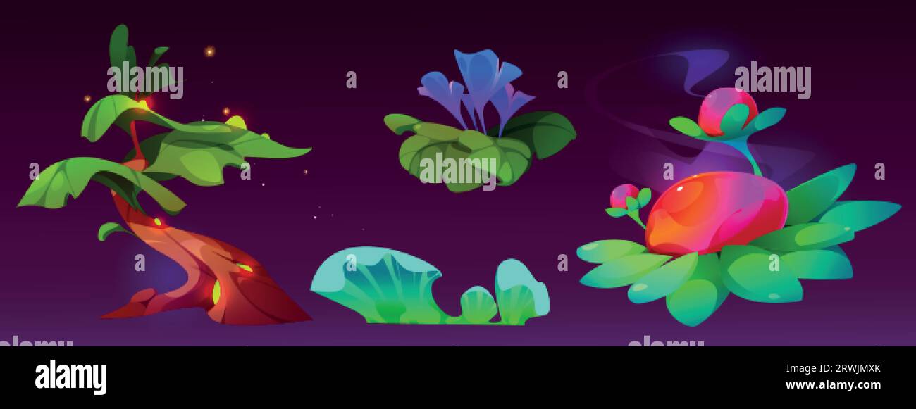 Set of magic tree and flowers isolated on dark background. Vector ...