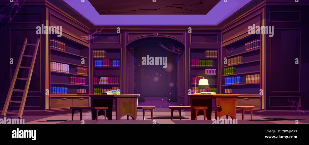 Abandoned library with old books on dusty shelves and working desks ...