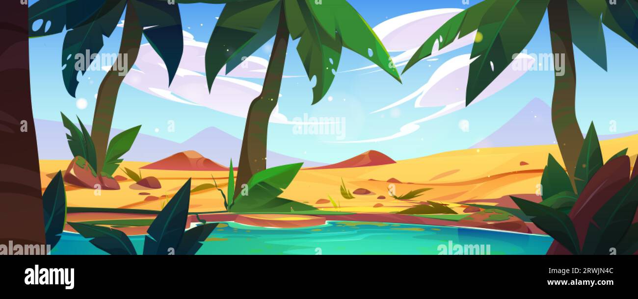 Swamp and palm tree in egypt desert oasis landscape backdrop. Clouds in ...