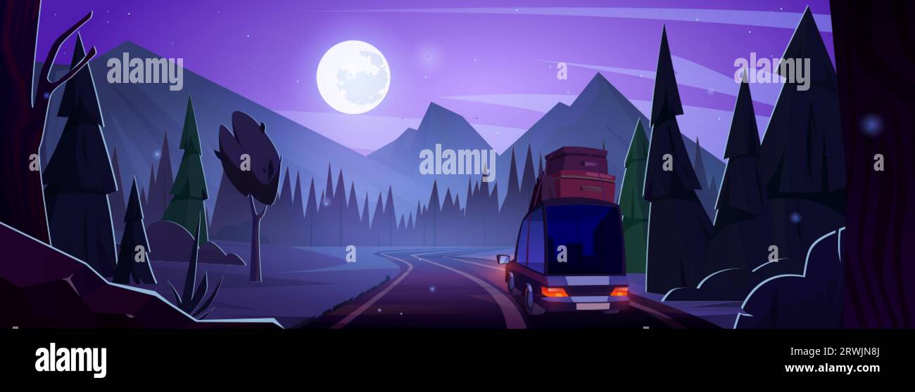Night mountain road car drive cartoon background. Adventure travel way ...