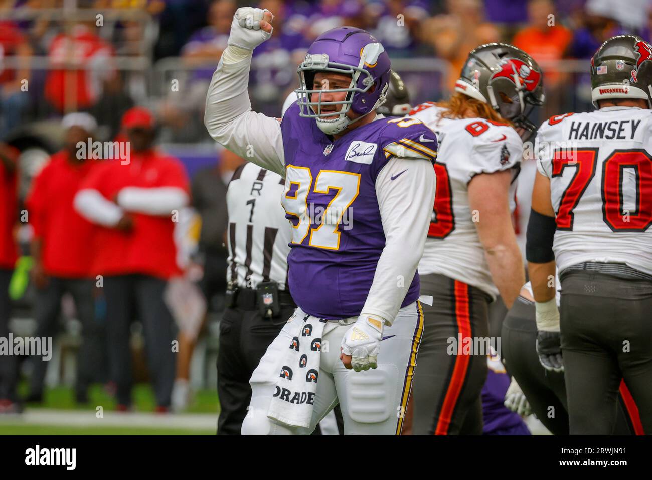 Minnesota Vikings defensive tackle Harrison Phillips (97) celebrates a ...