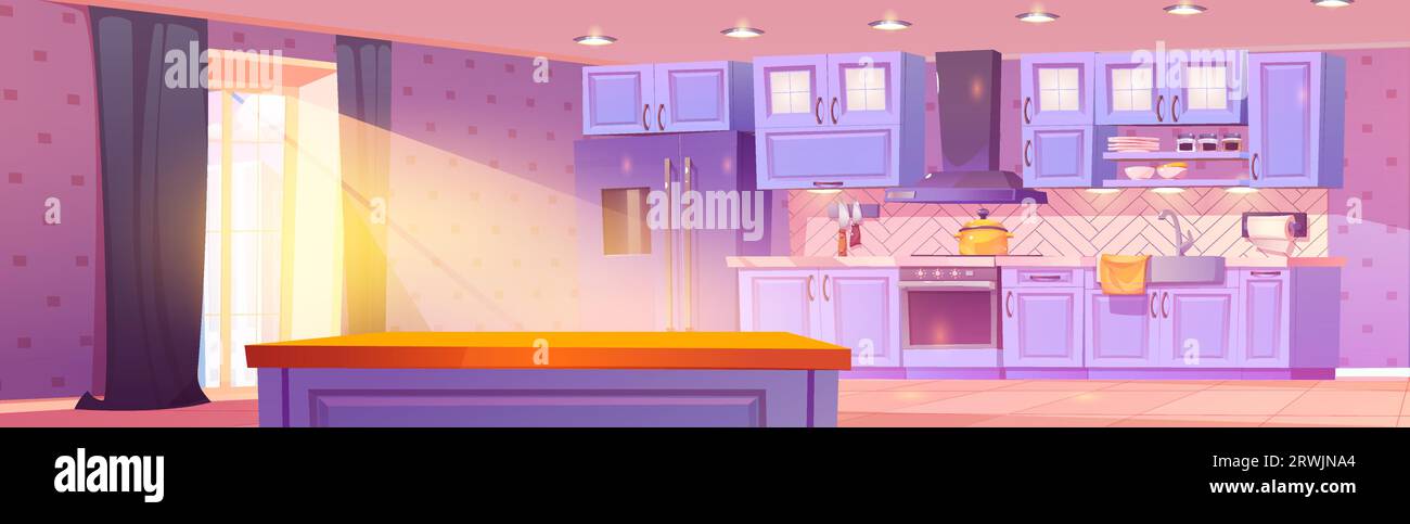 Modern kitchen interior with clean furniture and kitchenware. Vector ...