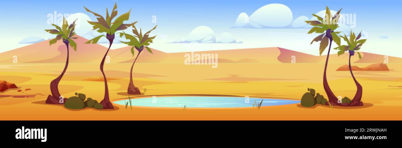 Sandy desert with small lake under palm trees. Vector cartoon ...
