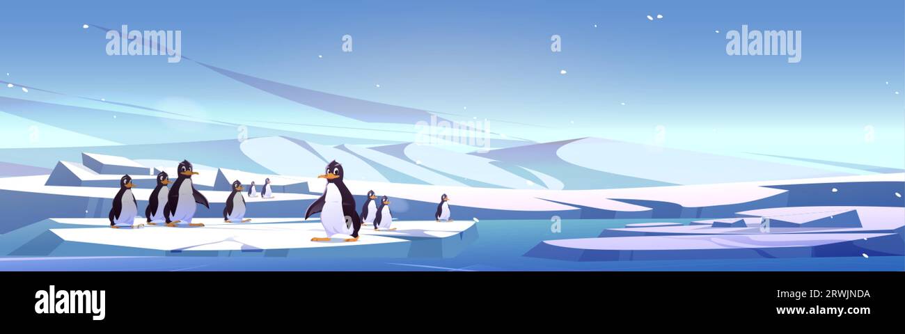 Group of penguins standing on ice landscape. Vector cartoon ...