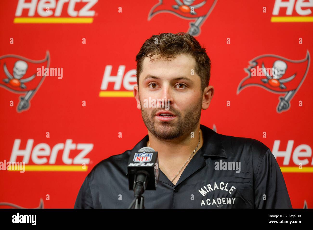 Tampa Bay Buccaneers quarterback Baker Mayfield speaks during a news ...