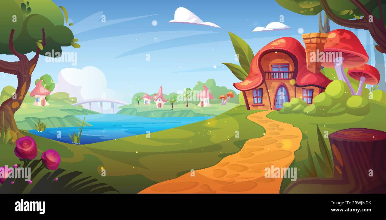 Fairytale cartoon fantasy brick house in forest vector. Magic fairy ...