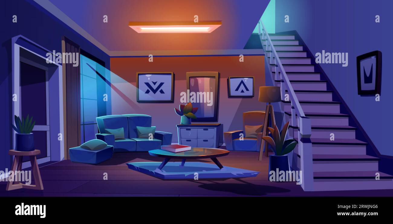 Night home living room interior cartoon background. House apartment ...