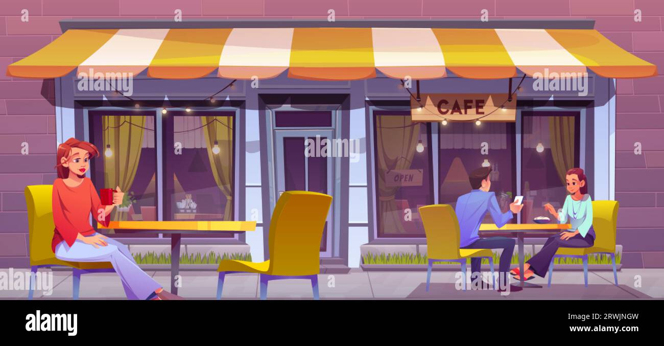 People drinking coffee in city street cafe. Vector cartoon illustration ...