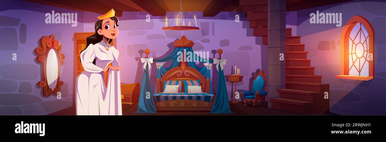 Young princess standing in royal bedroom. Vector cartoon illustration ...