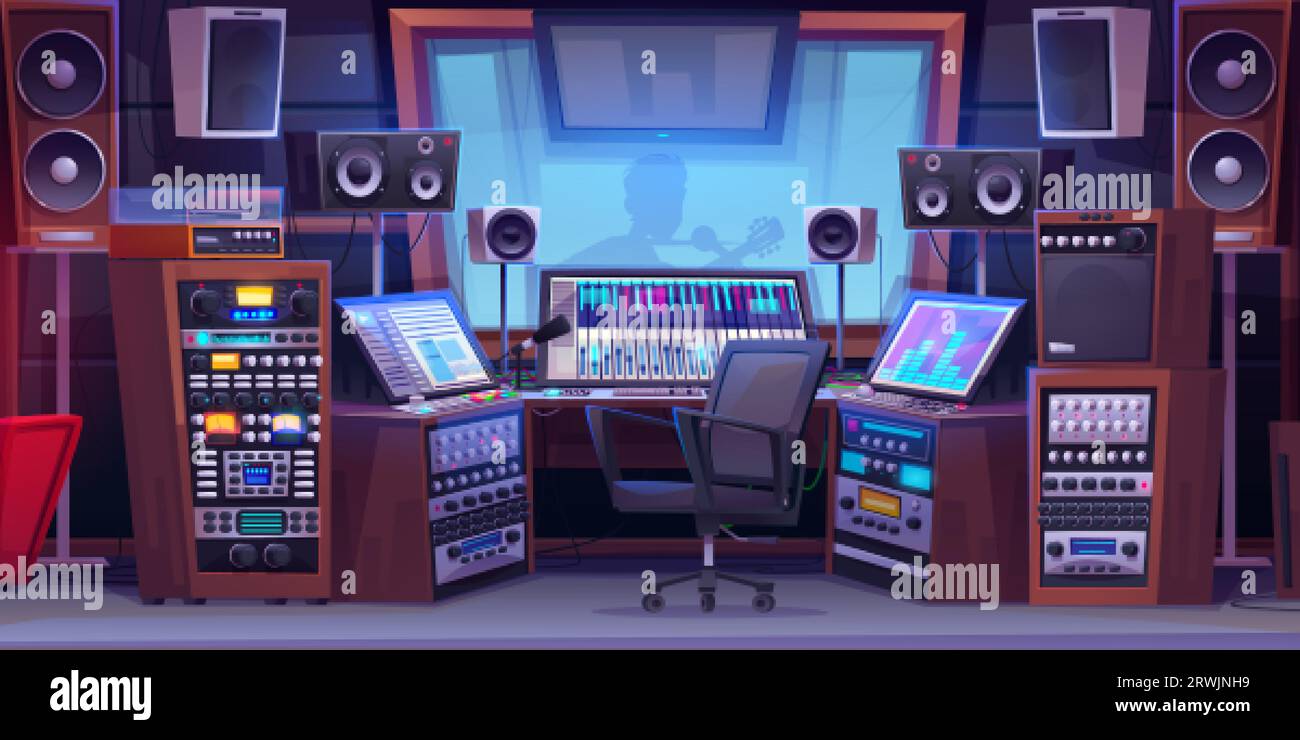 Cartoon sound recording studio with equipment and silhouette of singer ...