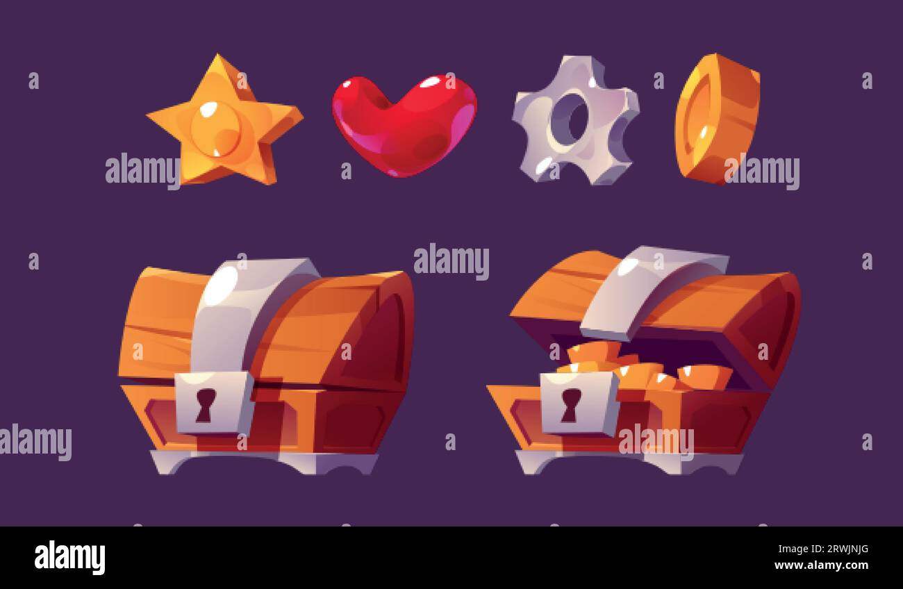 Gold and chest ui game vector icon element set. Casino cartoon ...