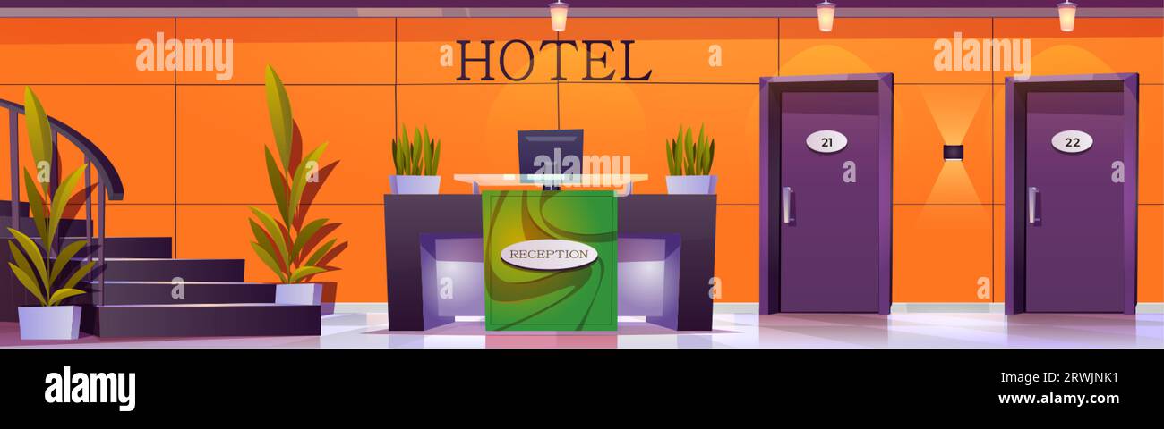 Welcome hotel reception desk in office lobby interior illustration ...