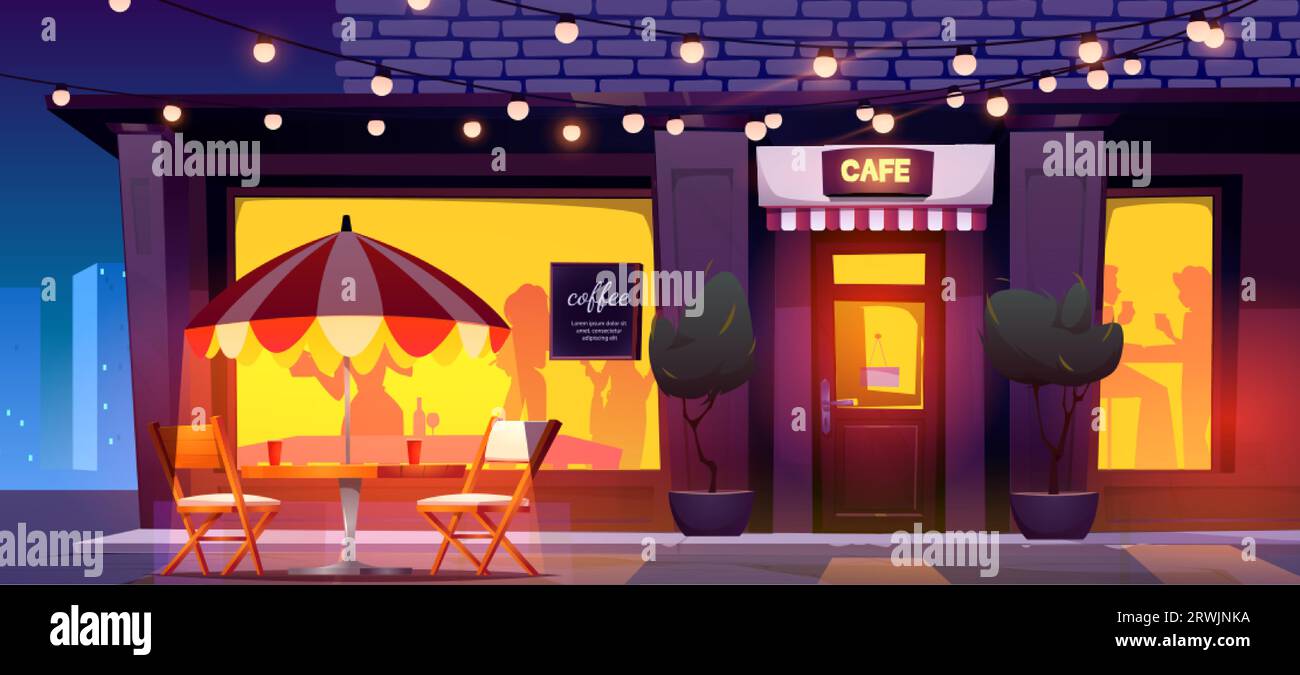 Night city street bar building with garland cartoon vector background ...