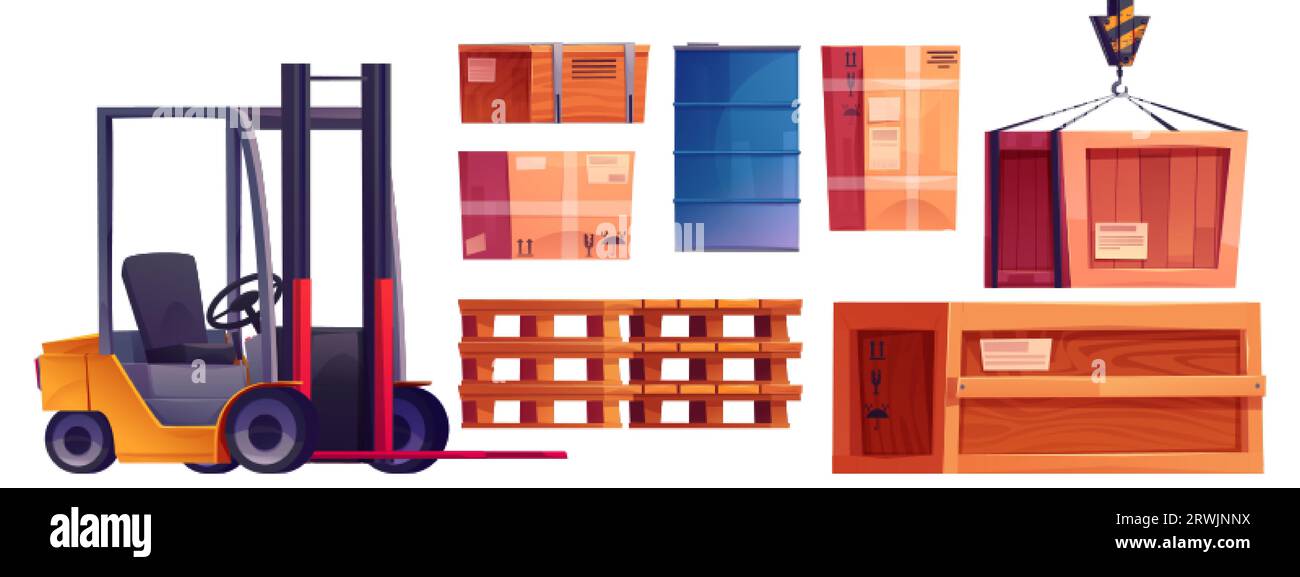 Warehouse interior and storage box with pallet vector set. Forklift for ...