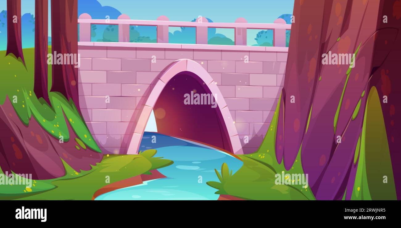 Stone bridge and rock mountain with river cartoon background. Green ...