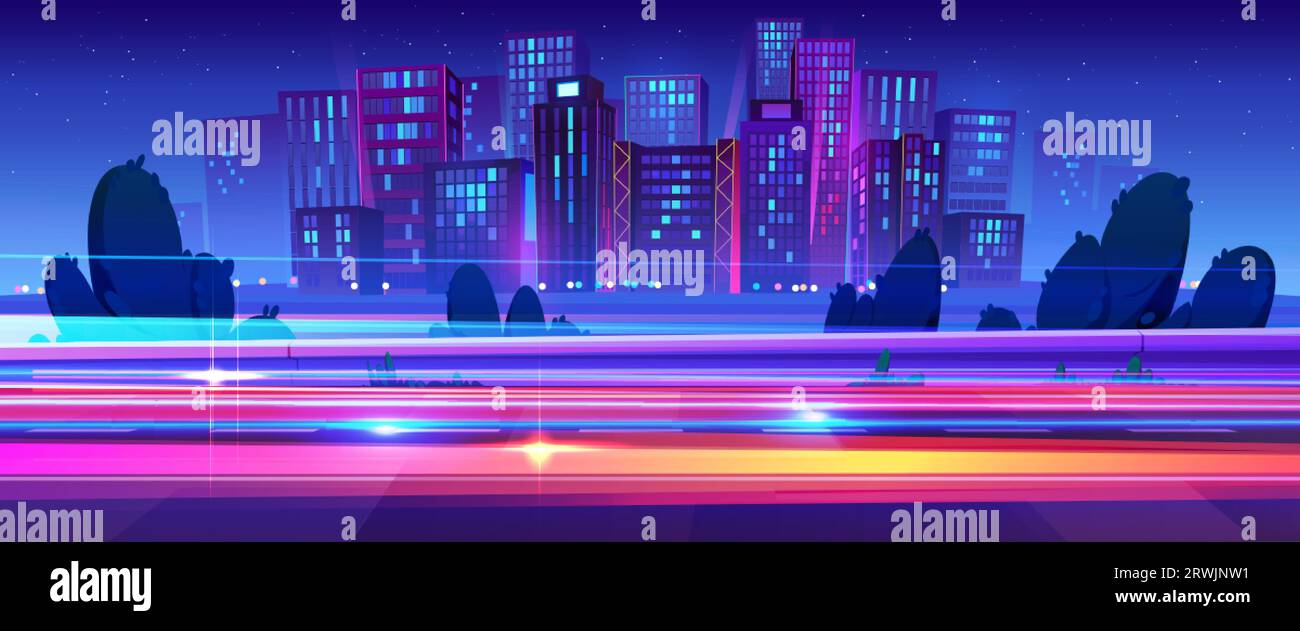 Night neon city light on speed car road vector background. Fast line ...