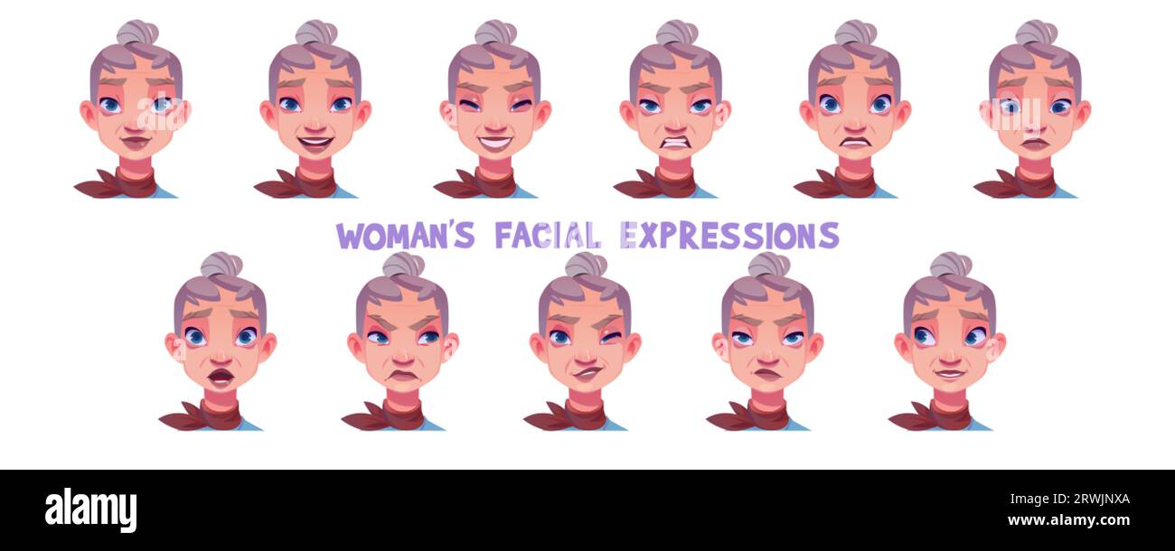 Old woman facial expression cartoon vector set - senior lady face with ...