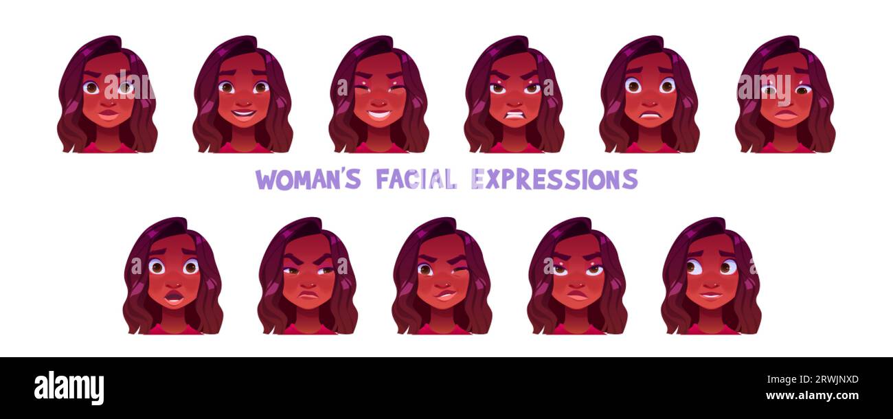Woman facial expression cartoon vector set - african american young ...