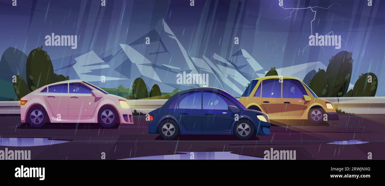 Rain and thunder on mountain car road background. Water puddle of ...