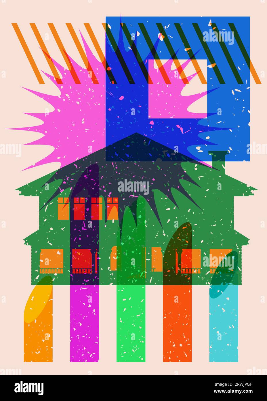 Risograph Halloween Abandoned Ghost House and geometric shapes. Object ...