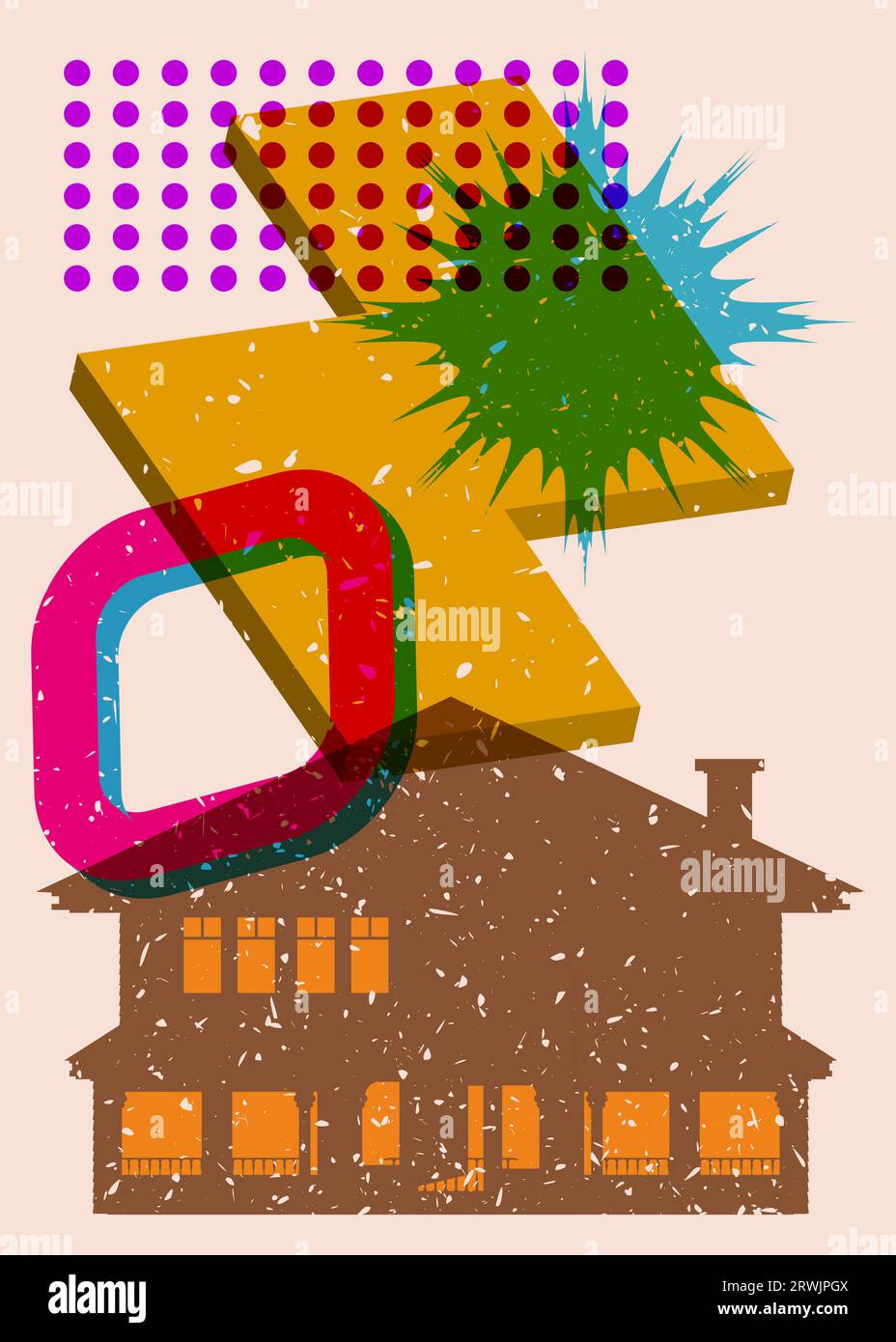 Risograph Halloween Abandoned Ghost House and geometric shapes. Object ...